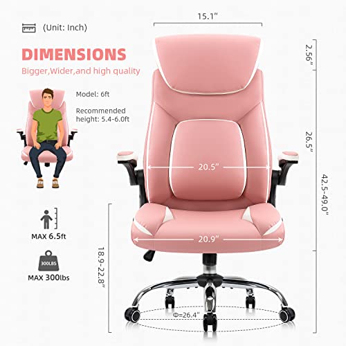 YAMASORO Ergonomic Home Executive Office Chair with Flip-up Armrests and Lumbar Support, High Back Desk Chair Computer Gaming 360 Swivel Adjustable PU Leather for Adults and Teens, Pink