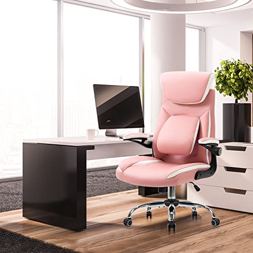 YAMASORO Ergonomic Home Executive Office Chair with Flip-up Armrests and Lumbar Support, High Back Desk Chair Computer Gaming 360 Swivel Adjustable PU Leather for Adults and Teens, Pink