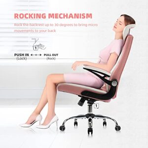 YAMASORO Ergonomic Home Executive Office Chair with Flip-up Armrests and Lumbar Support, High Back Desk Chair Computer Gaming 360 Swivel Adjustable PU Leather for Adults and Teens, Pink