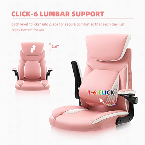 YAMASORO Ergonomic Home Executive Office Chair with Flip-up Armrests and Lumbar Support, High Back Desk Chair Computer Gaming 360 Swivel Adjustable PU Leather for Adults and Teens, Pink