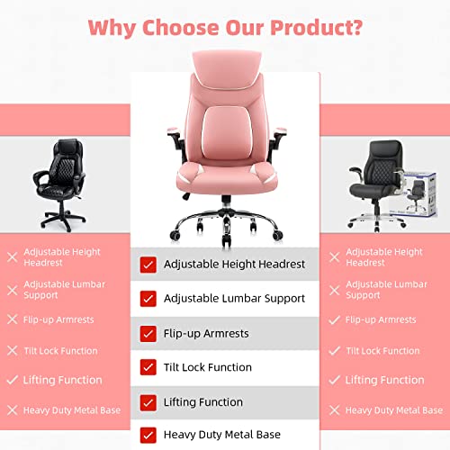 YAMASORO Ergonomic Home Executive Office Chair with Flip-up Armrests and Lumbar Support, High Back Desk Chair Computer Gaming 360 Swivel Adjustable PU Leather for Adults and Teens, Pink