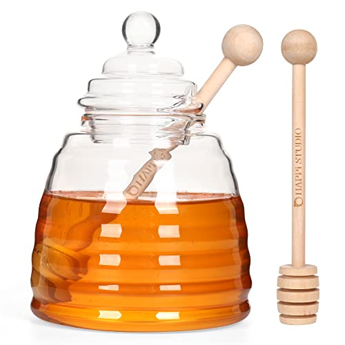 HAPPi STUDIO 13.5 Oz Honey Pot with Dipper - Extra Honey Dipper Stick - Glass Honey Jar and Dipper Set - Honey Jars with Dipper - Honey Containers with Dipper - Honey Dispenser - Honey Holder