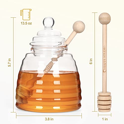 HAPPi STUDIO 13.5 Oz Honey Pot with Dipper - Extra Honey Dipper Stick - Glass Honey Jar and Dipper Set - Honey Jars with Dipper - Honey Containers with Dipper - Honey Dispenser - Honey Holder