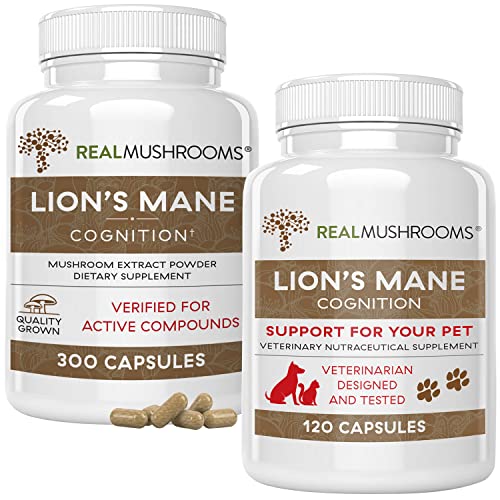 Real Mushrooms Lions Mane for Humans (300ct) and Pets (120ct) - Bundle for Cognition & Immunity - Vegan, Non-GMO, Gluten-Free, Grain-Free Mushroom Extract Supplements