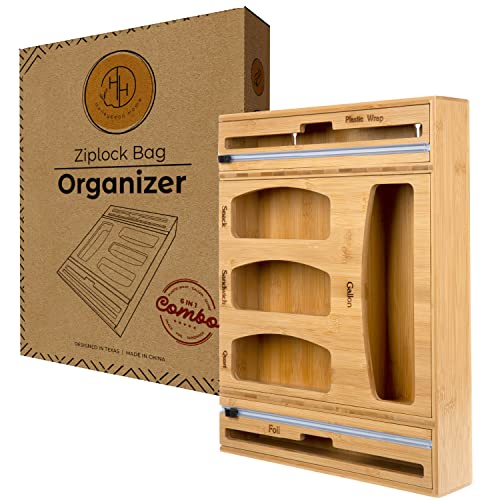 6-in-1 Slim Profile Bamboo Ziplock Bag Organizer for Drawer - Foil and Plastic Wrap Organizer | Baggie & Storage Bag Kitchen Organizer for Gallon, Quart, Sandwich, Snack