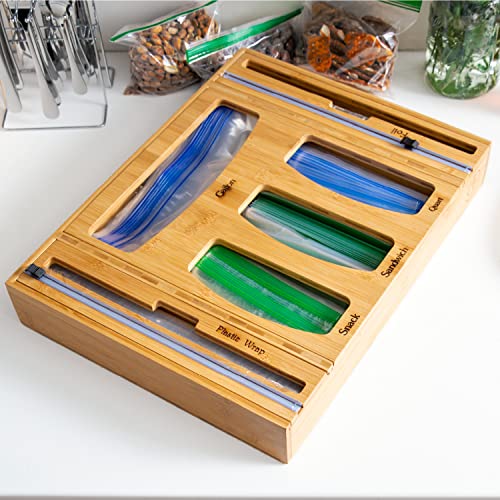 6-in-1 Slim Profile Bamboo Ziplock Bag Organizer for Drawer - Foil and Plastic Wrap Organizer | Baggie & Storage Bag Kitchen Organizer for Gallon, Quart, Sandwich, Snack