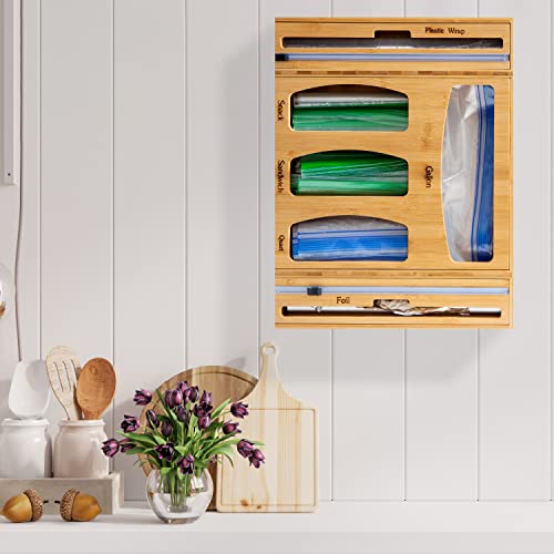 6-in-1 Slim Profile Bamboo Ziplock Bag Organizer for Drawer - Foil and Plastic Wrap Organizer | Baggie & Storage Bag Kitchen Organizer for Gallon, Quart, Sandwich, Snack