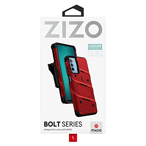 ZIZO Bolt Bundle for Moto g 5G (2022) Case with Screen Protector Kickstand Holster Lanyard - Red