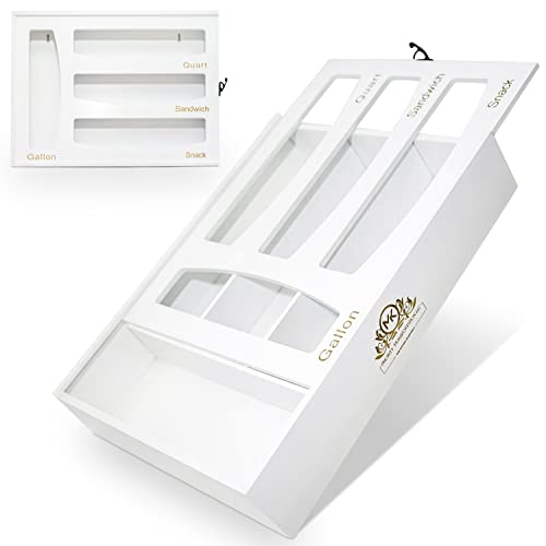 Bamboo Ziplock Bag Organizer for Drawer- Water Resistance Kitchen Organizer with 4 Slots, Effective Storage Bag Organizer with Removable Top- Suitable for Quart, Gallon & Snacks Zip Lock Bag- White