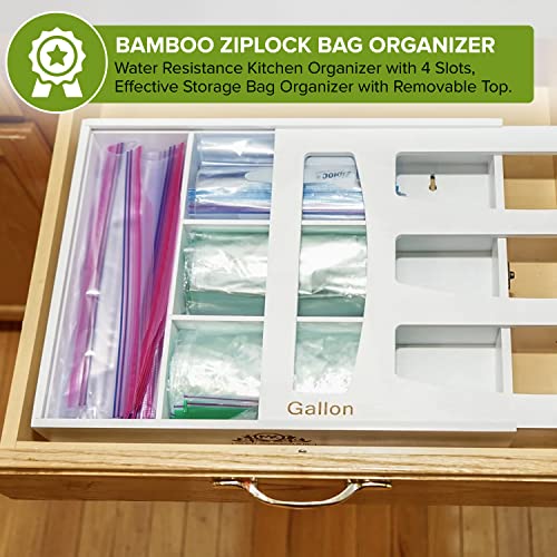 Bamboo Ziplock Bag Organizer for Drawer- Water Resistance Kitchen Organizer with 4 Slots, Effective Storage Bag Organizer with Removable Top- Suitable for Quart, Gallon & Snacks Zip Lock Bag- White