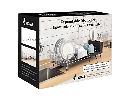 i-Home Drying Rack with Swivel Spout for Kitchen Counter or Sink, Expandable Dish Drainer Rack with Utensil Holder and Cup Holder (WK810439)