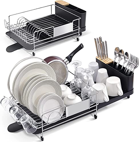 i-Home Drying Rack with Swivel Spout for Kitchen Counter or Sink, Expandable Dish Drainer Rack with Utensil Holder and Cup Holder (WK810439)