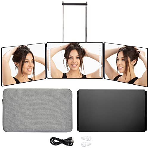 Bluelilly Co. 3 Way Mirror for Makeup & Hair Styling LED Lighted Mirror Portable 360 View Mirror for Braiding