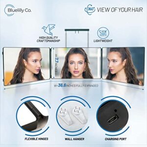 Bluelilly Co. 3 Way Mirror for Makeup & Hair Styling LED Lighted Mirror Portable 360 View Mirror for Braiding