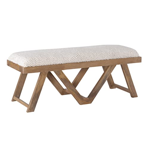 Powell Stained Mango Wood Boho White Berber Boucle Top Halco Bench, 19" Seat Height, Natural