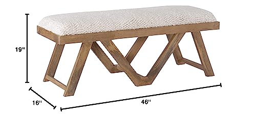 Powell Stained Mango Wood Boho White Berber Boucle Top Halco Bench, 19" Seat Height, Natural