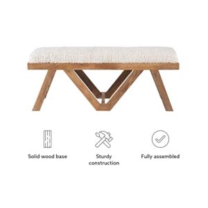 Powell Stained Mango Wood Boho White Berber Boucle Top Halco Bench, 19" Seat Height, Natural