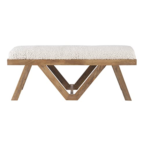 Powell Stained Mango Wood Boho White Berber Boucle Top Halco Bench, 19" Seat Height, Natural