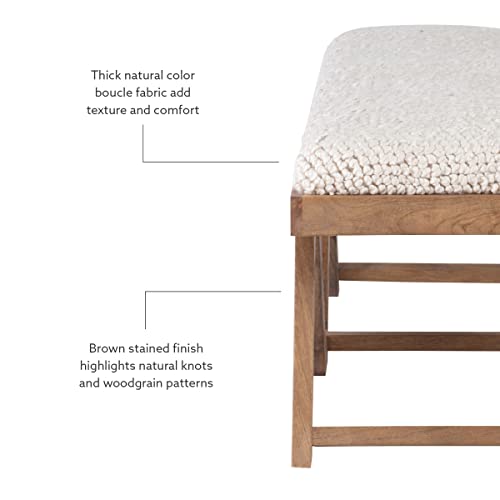 Powell Stained Mango Wood Boho White Berber Boucle Top Halco Bench, 19" Seat Height, Natural