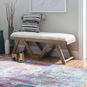 Powell Stained Mango Wood Boho White Berber Boucle Top Halco Bench, 19" Seat Height, Natural