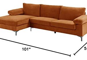 Casa Andrea Milano Modern Sectional Sofa L Shaped Velvet Couch, with Extra Wide Chaise Lounge, Large, Orange