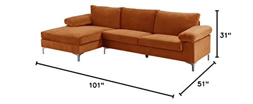 Casa Andrea Milano Modern Sectional Sofa L Shaped Velvet Couch, with Extra Wide Chaise Lounge, Large, Orange