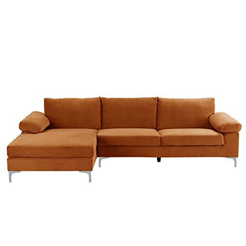 Casa Andrea Milano Modern Sectional Sofa L Shaped Velvet Couch, with Extra Wide Chaise Lounge, Large, Orange