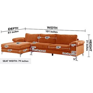 Casa Andrea Milano Modern Sectional Sofa L Shaped Velvet Couch, with Extra Wide Chaise Lounge, Large, Orange