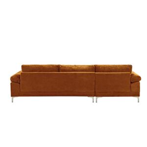 Casa Andrea Milano Modern Sectional Sofa L Shaped Velvet Couch, with Extra Wide Chaise Lounge, Large, Orange