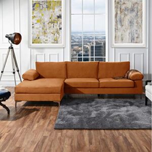 Casa Andrea Milano Modern Sectional Sofa L Shaped Velvet Couch, with Extra Wide Chaise Lounge, Large, Orange