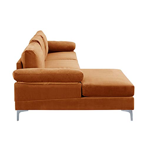 Casa Andrea Milano Modern Sectional Sofa L Shaped Velvet Couch, with Extra Wide Chaise Lounge, Large, Orange