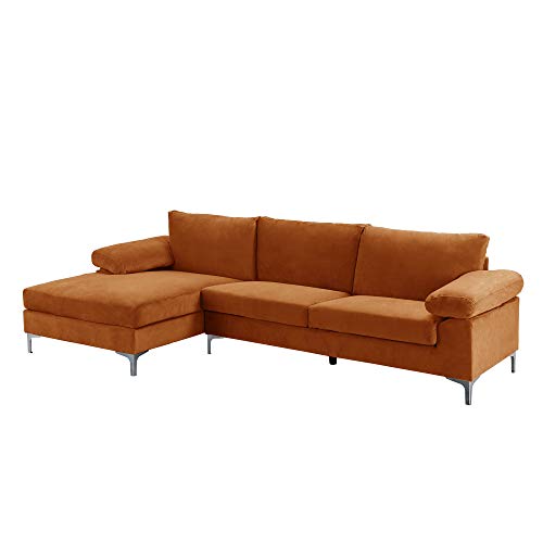 Casa Andrea Milano Modern Sectional Sofa L Shaped Velvet Couch, with Extra Wide Chaise Lounge, Large, Orange