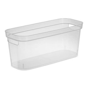 Modern Narrow Organizer Storage Bin, Clear Plastic Household Storage Container for Kitchen Pantry storage, Under Sink Bin, Bathroom/Laundry Room - Made In USA - 2 Pack (Narrow - 15” X 6” X 5”)