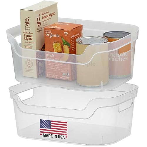 Tribello Plastic Storage Bins, Clear Storage Bins for Pantry - Medium 13” X 9” X 5” Pantry Organization and Storage Bins for Bathroom, Closet Shelves Organizer Bins - Made In USA - 2 Pack