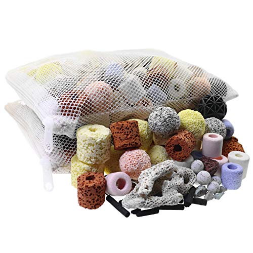 Mei Ting Aquarium Filter Media Bio Balls Ceramic Rings 15 in 1 Fish Tank Pond Filter Ceramic Filter Ring 500g Mesh Bag with Zipper × 2 Packs