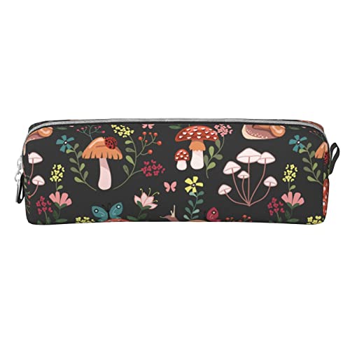 Ykklima Leather Pencil Case - Mushroom Snails Butterfly Flower Pattern, Stationery Bag Pen Organizer Makeup Cosmetic Holder Pouch for School Work Office College