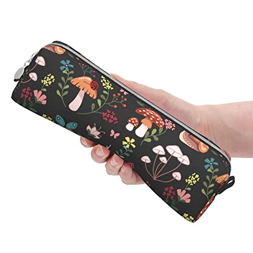 Ykklima Leather Pencil Case - Mushroom Snails Butterfly Flower Pattern, Stationery Bag Pen Organizer Makeup Cosmetic Holder Pouch for School Work Office College