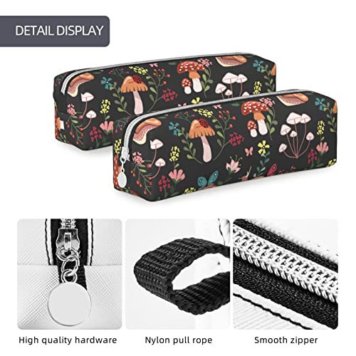 Ykklima Leather Pencil Case - Mushroom Snails Butterfly Flower Pattern, Stationery Bag Pen Organizer Makeup Cosmetic Holder Pouch for School Work Office College