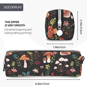 Ykklima Leather Pencil Case - Mushroom Snails Butterfly Flower Pattern, Stationery Bag Pen Organizer Makeup Cosmetic Holder Pouch for School Work Office College