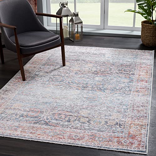 Bloom Rugs Caria Washable Non-Slip 9x12 Rug - Ocean Blue/Brick Area Rug for Living Room, Bedroom, Dining Room and Kitchen - Exact Size: 9' x 12'