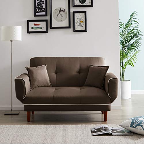 HLOLC Futon Sofa Bed with 2 Pillows, Loveseat Sleeper Sofa Convertible Futon Couch, Recliner Couch with Adjustable Armrest & Wood Legs, 5-Angle Backrest Living Room Sofa for Small Space (Brown)