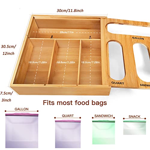 Ziplock Bag Organizer for Drawer, Storage Bag Organizer for Kitchen, Bamboo Sandwich Plastic Bag Organizer Compatible with Ziploc, Bamboo Baggie Organizer Container for Gallon, Quart, Sandwich, Snack