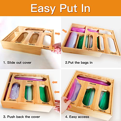 Ziplock Bag Organizer for Drawer, Storage Bag Organizer for Kitchen, Bamboo Sandwich Plastic Bag Organizer Compatible with Ziploc, Bamboo Baggie Organizer Container for Gallon, Quart, Sandwich, Snack