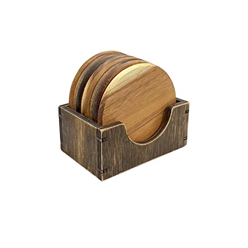 Acacia Wood Drink Coasters with Rustic Holder, 3.68 Inch Round Wooden Coasters,8 Pieces Cup Coasters Set