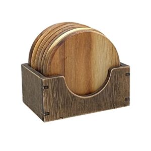 Acacia Wood Drink Coasters with Rustic Holder, 3.68 Inch Round Wooden Coasters,8 Pieces Cup Coasters Set