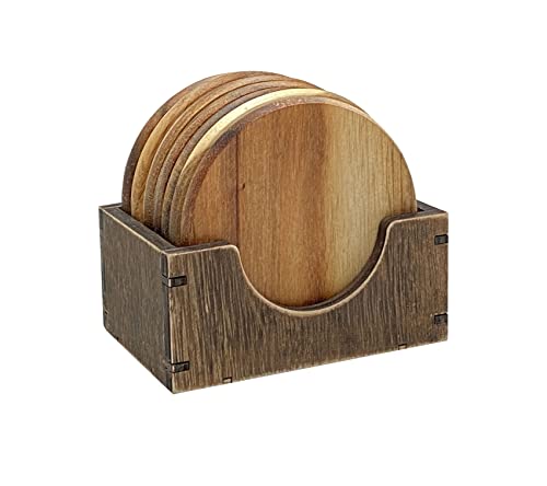 Acacia Wood Drink Coasters with Rustic Holder, 3.68 Inch Round Wooden Coasters,8 Pieces Cup Coasters Set