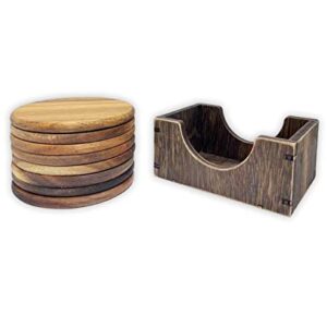 Acacia Wood Drink Coasters with Rustic Holder, 3.68 Inch Round Wooden Coasters,8 Pieces Cup Coasters Set