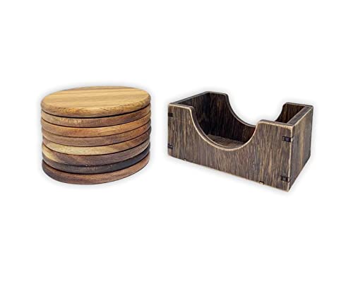 Acacia Wood Drink Coasters with Rustic Holder, 3.68 Inch Round Wooden Coasters,8 Pieces Cup Coasters Set