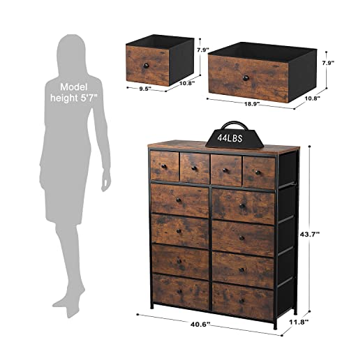 EnHomee Dresser, Dresser for Bedroom with 12 Drawers, Tall Dresser with Wooden Top and Metal Frame, Bedroom Dresser Dressers & Chests of Drawers Clearance, 40.6" W x 11.7" D x 43.7" H, Rustic Brown