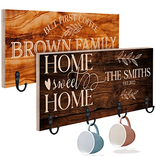 Personalized Wood Coffee Mug Holder w/Name & Text - 7"x18" - Customized Wall Mounted Cup Hooks for Kitchen Decor Gifts - Custom Glass Rack Organizer Wooden Sign Hanger - Kitchen Hanging Organizers C1